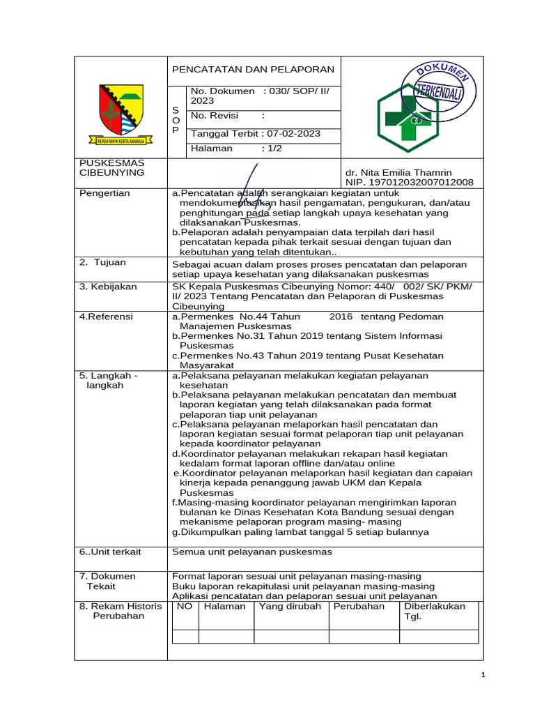 Sop Pelaporan Dan Pencatatan | PDF