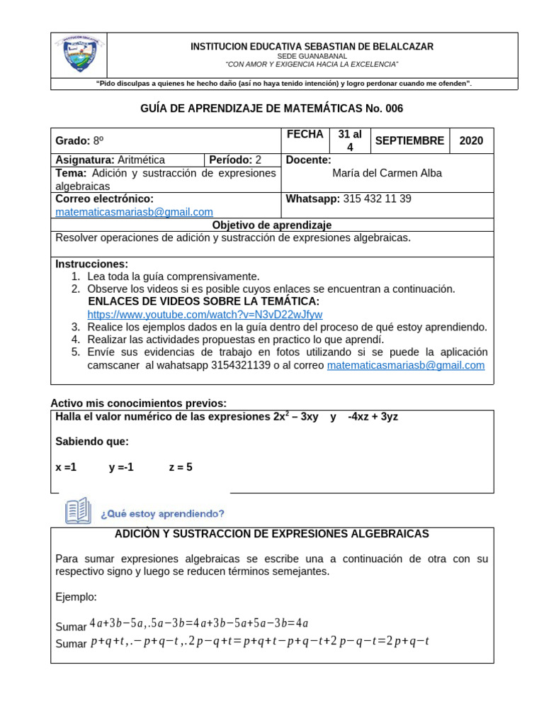 Guía suma y resta algebra 8º | PDF | Sustracción | Matemática Elemental