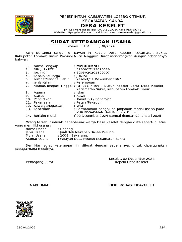 Contoh Surat Keterangan Usaha Dari Desa | PDF