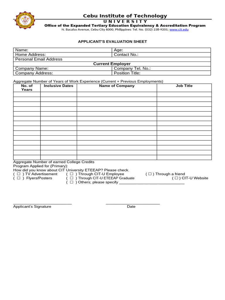 CIT University ETEEAP Evaluation Form | PDF