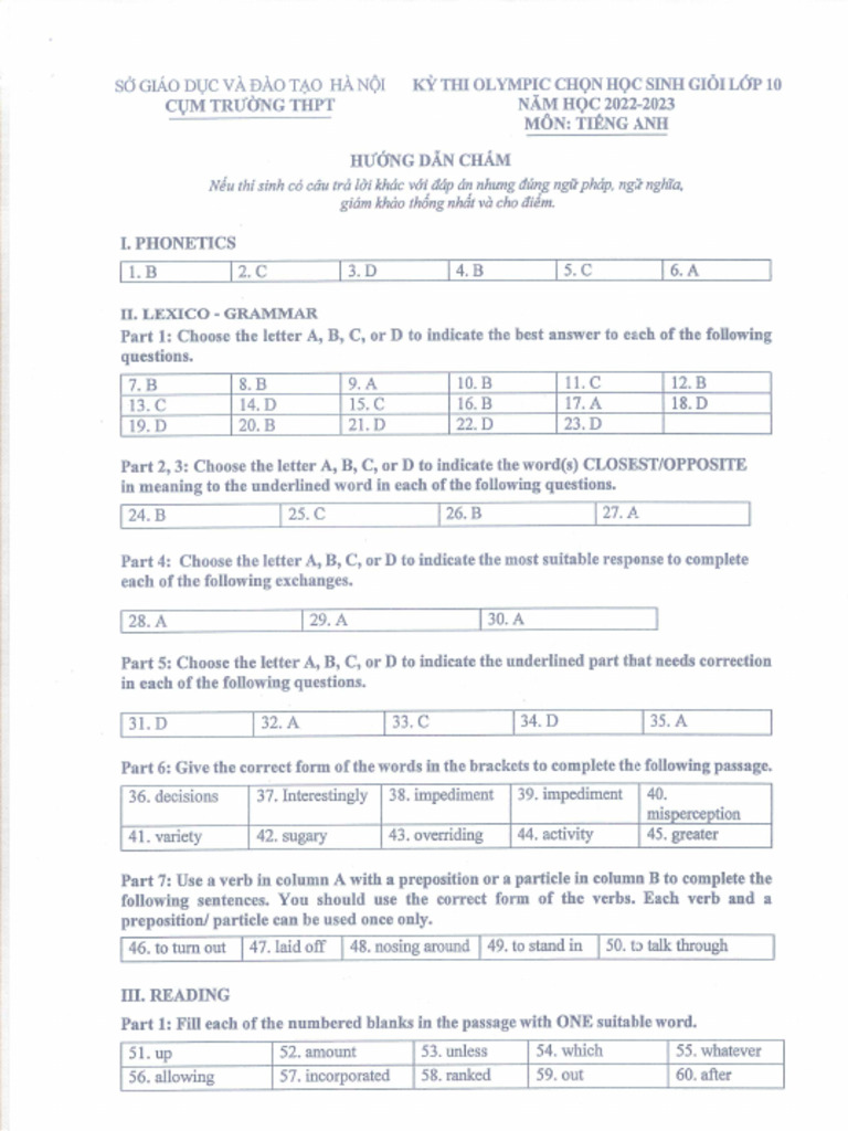 2022 2023 Đáp Án Hsg Cụm Trường Hn Tiếng Anh 10 | PDF