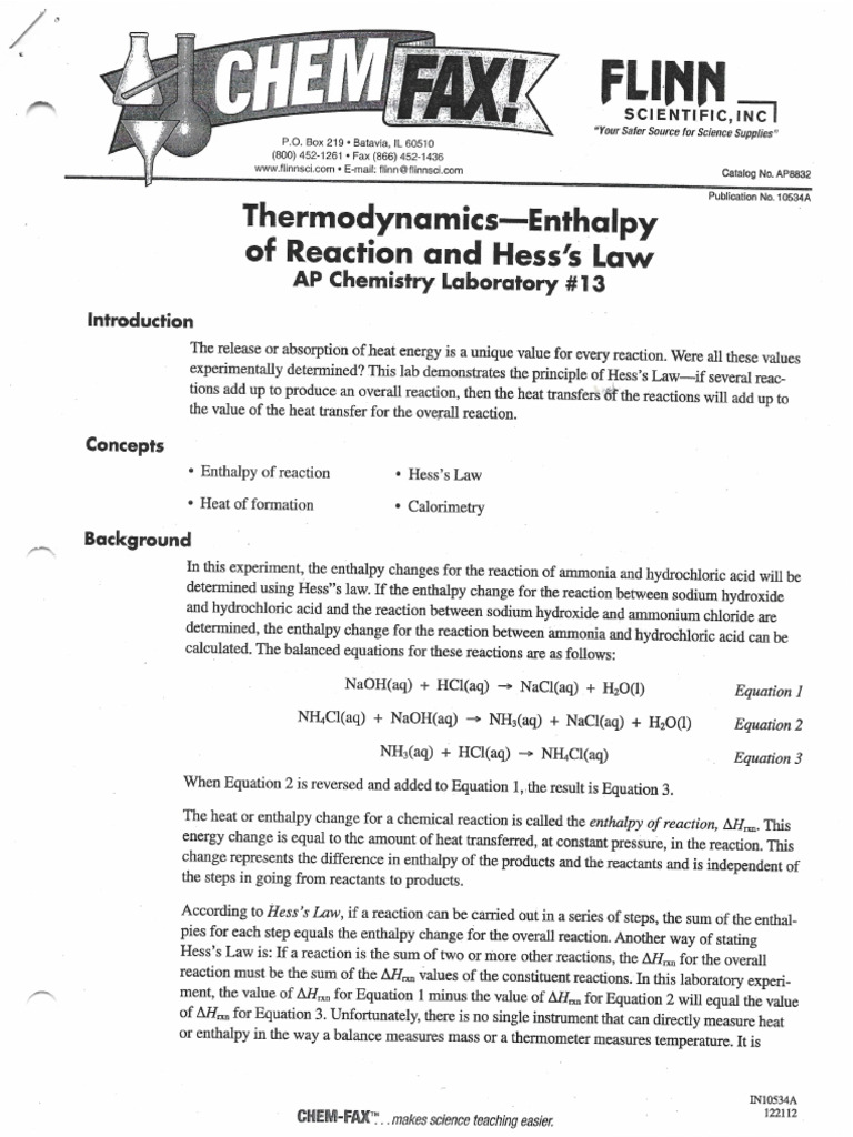 Thermodynamics-Enthalpy of Reaction and Hess's Law Lab-1 | PDF