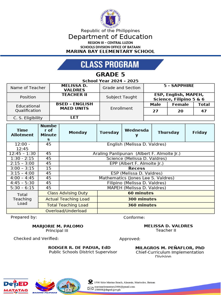 Grade 5 & 6 Teaching Load Summary | PDF