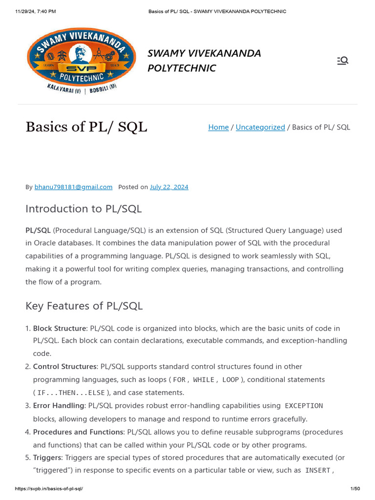 Basics of PL - SQL - Swamy Vivekananda Polytechnic | PDF | Pl/Sql | Control Flow