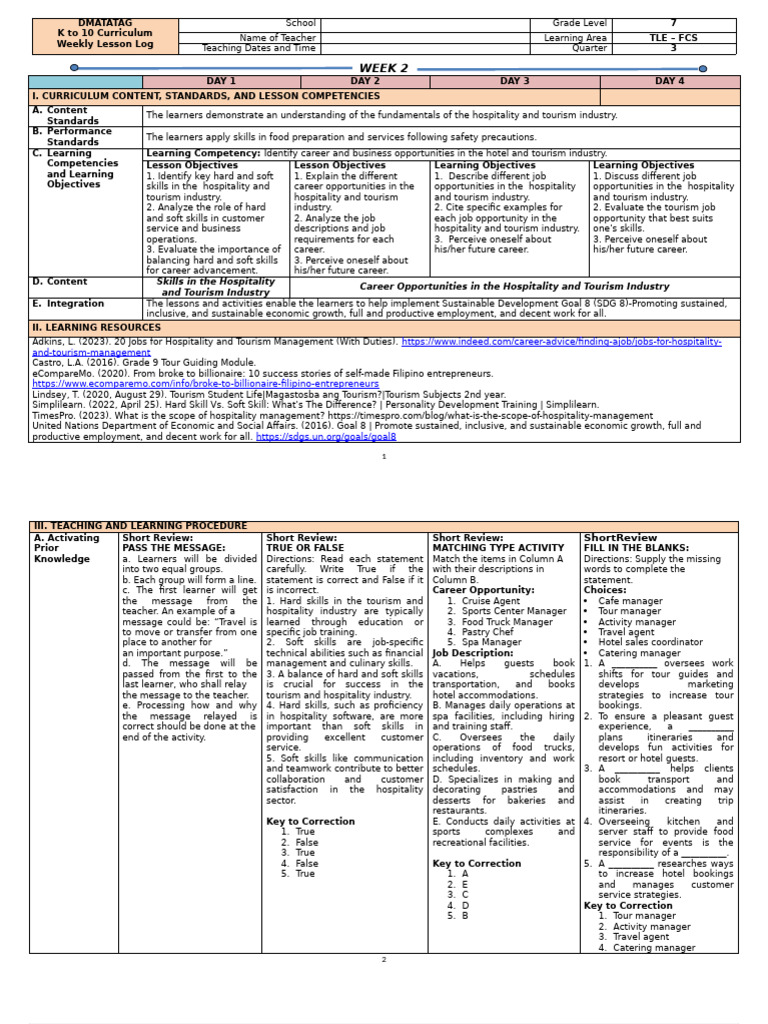TLE 7-FCS DLL WEEK 2 | PDF | Tourism | Learning