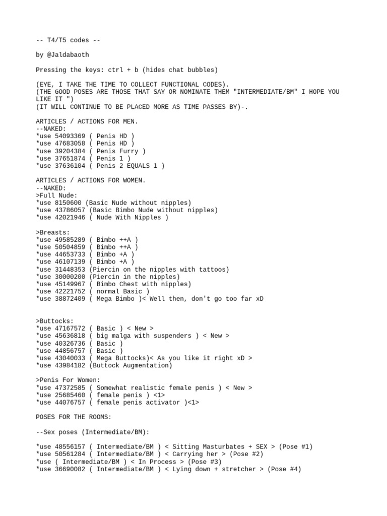 IMVU T5DE Codes and Poses List | PDF | Human Body | Clothing