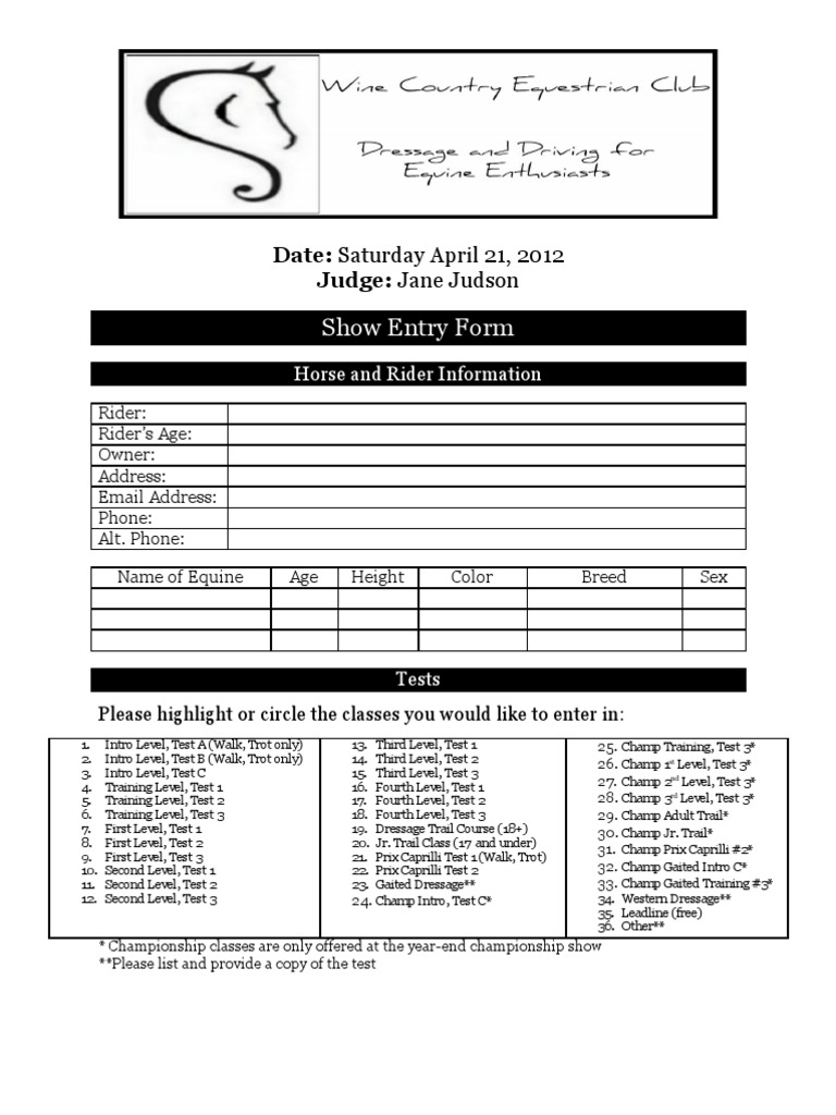 Dressage Entry Form | PDF | Dressage | Horses