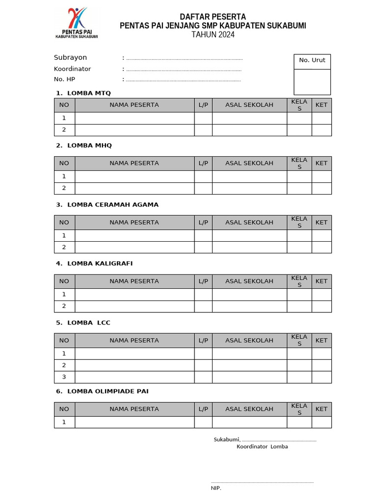 Form Pendaft. & Biodata Peserta Pentas PAI 2024 Kab - Smi | PDF