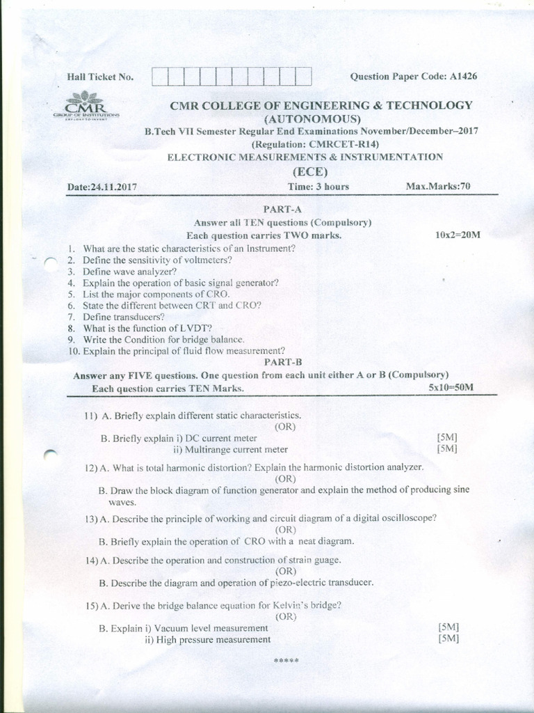 Electronic Measurements and Instrumentation CMR Question Paper 1 | PDF