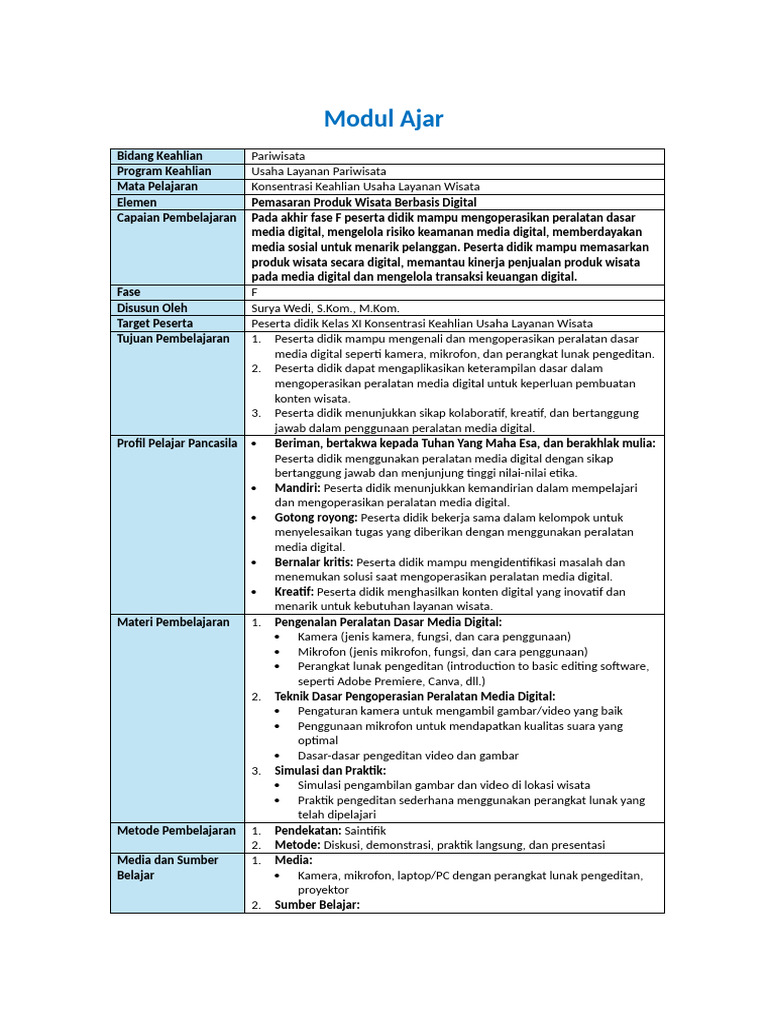 01 Modul Ajar - Pemasaran Produk Wisata Berbasis Digital | PDF