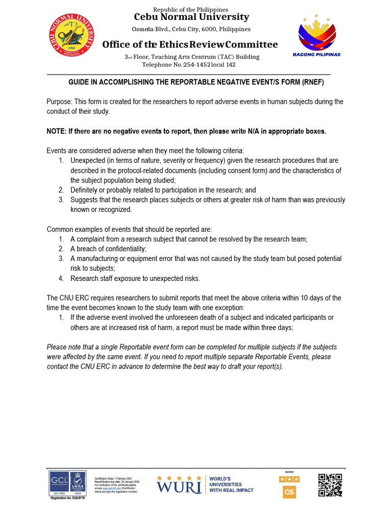 Form 9. Reportable Negative Event Form RNEF | PDF | Risk