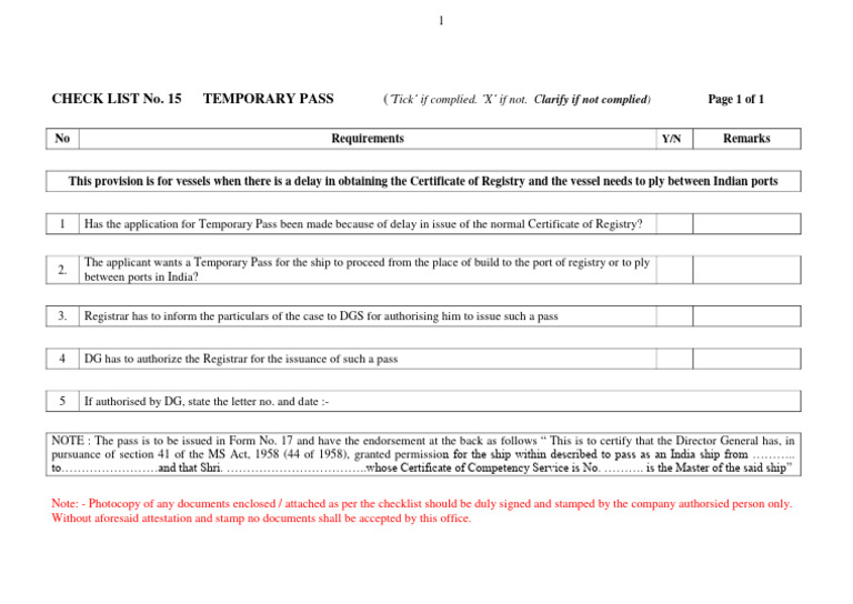 Check list no. 15 - Temporary Pass | PDF