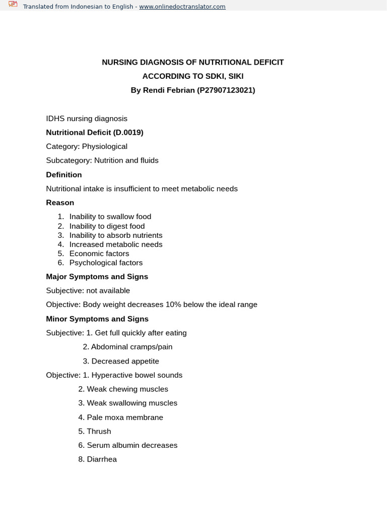 Diagnosis Defisit Nutrisi Rendy Febrian - Id.en | PDF | Nutrition ...