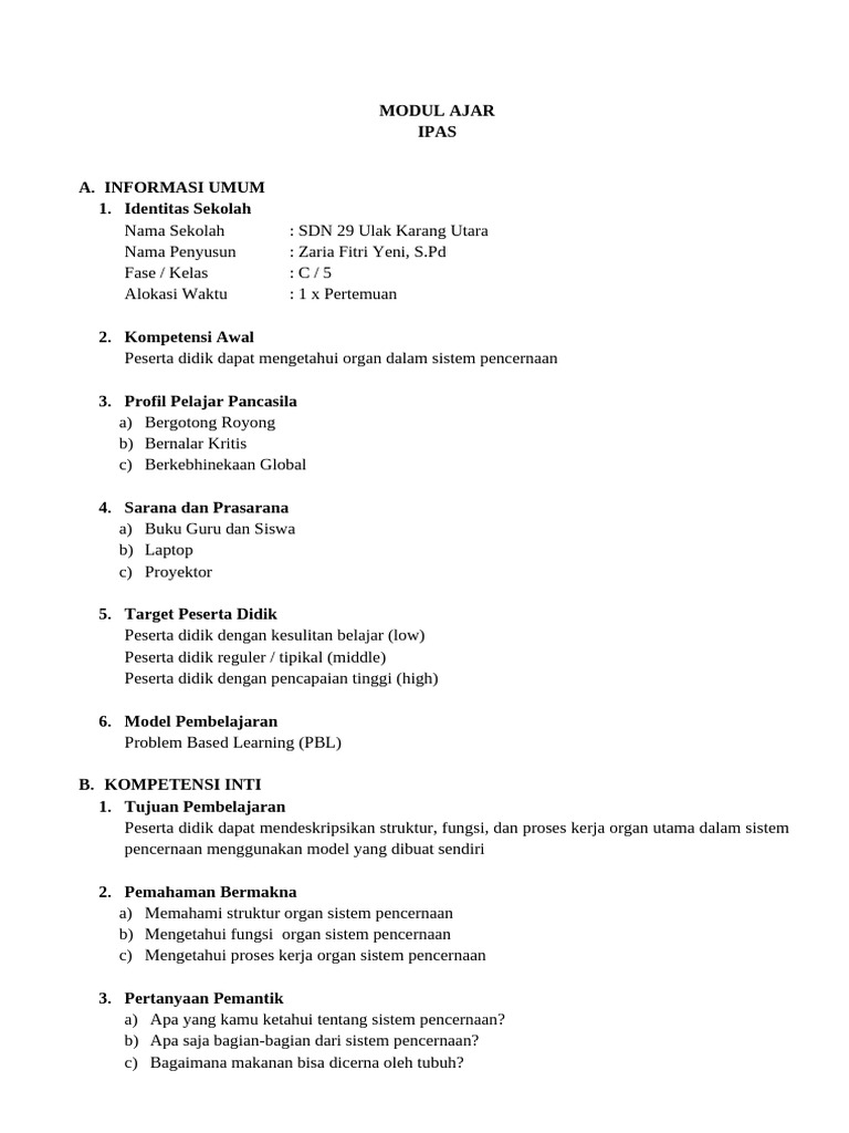 MODUL AJAR IPAS Sistem Pencernaan 1 | PDF