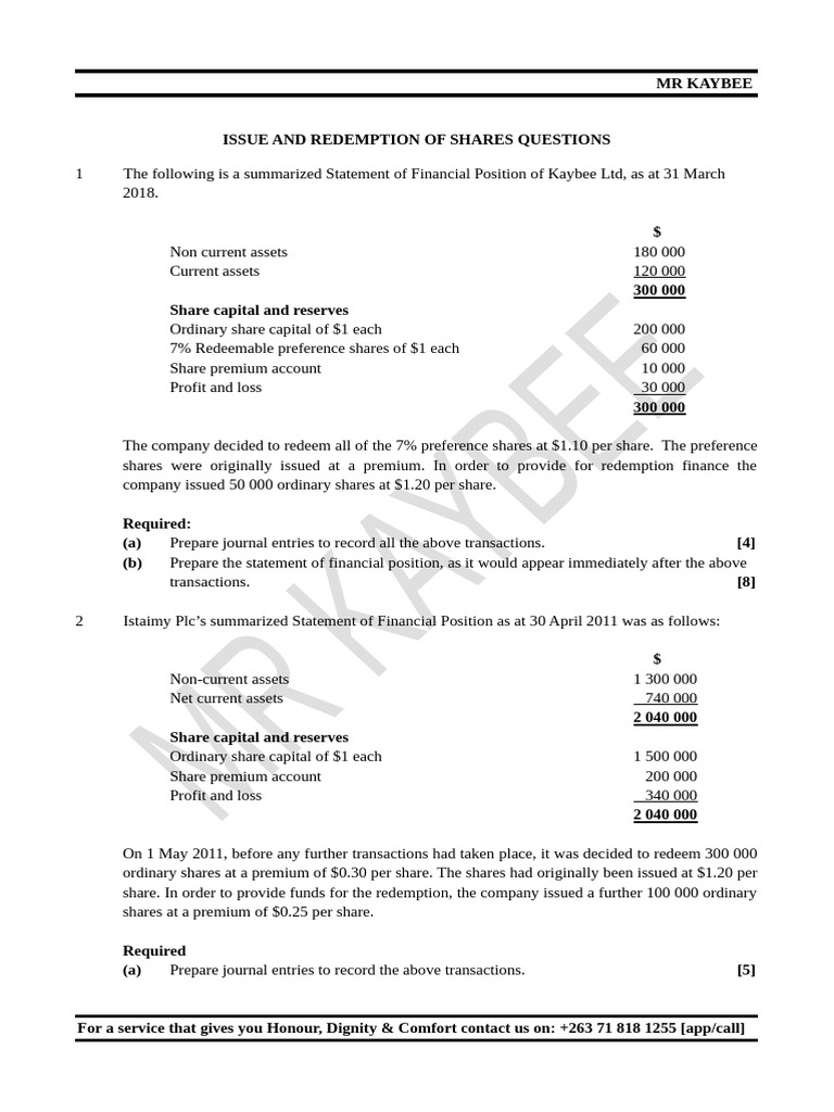 Issue and Redemption of Shares | PDF | Balance Sheet | Income Statement
