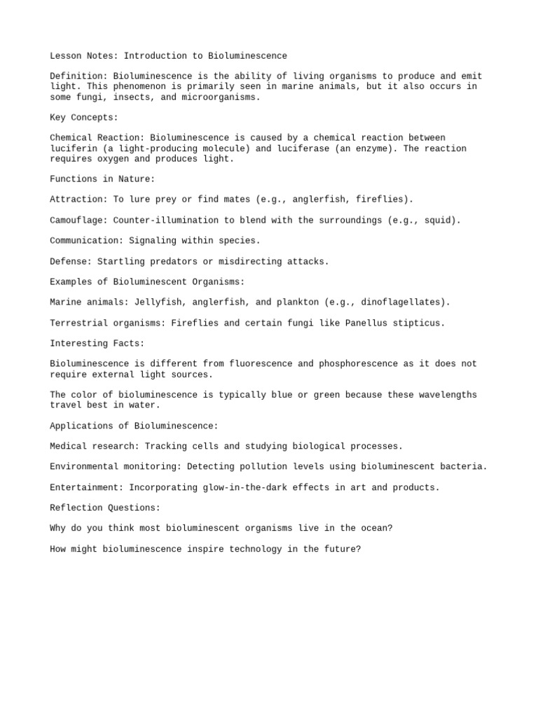 Lesson Notes Introduction To Biolum | PDF
