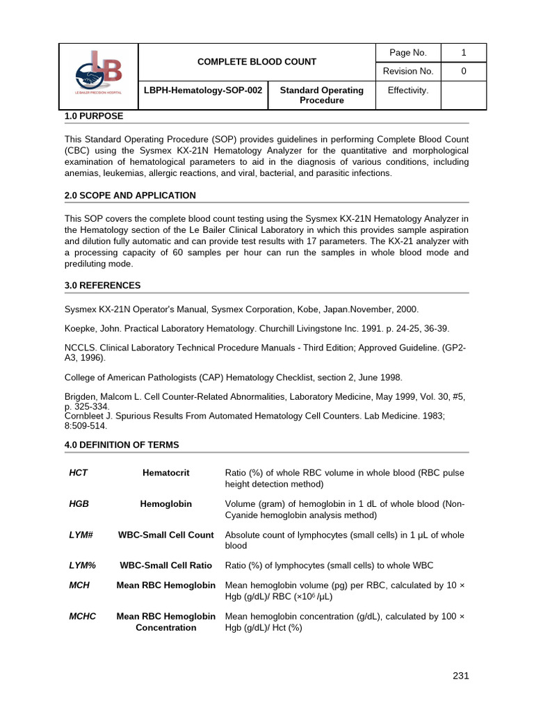 LBPH Hematology SOP 002 | PDF | Red Blood Cell | Body Fluids