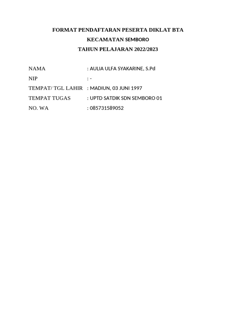 Format Pendaftaran Peserta Diklat Bta | PDF