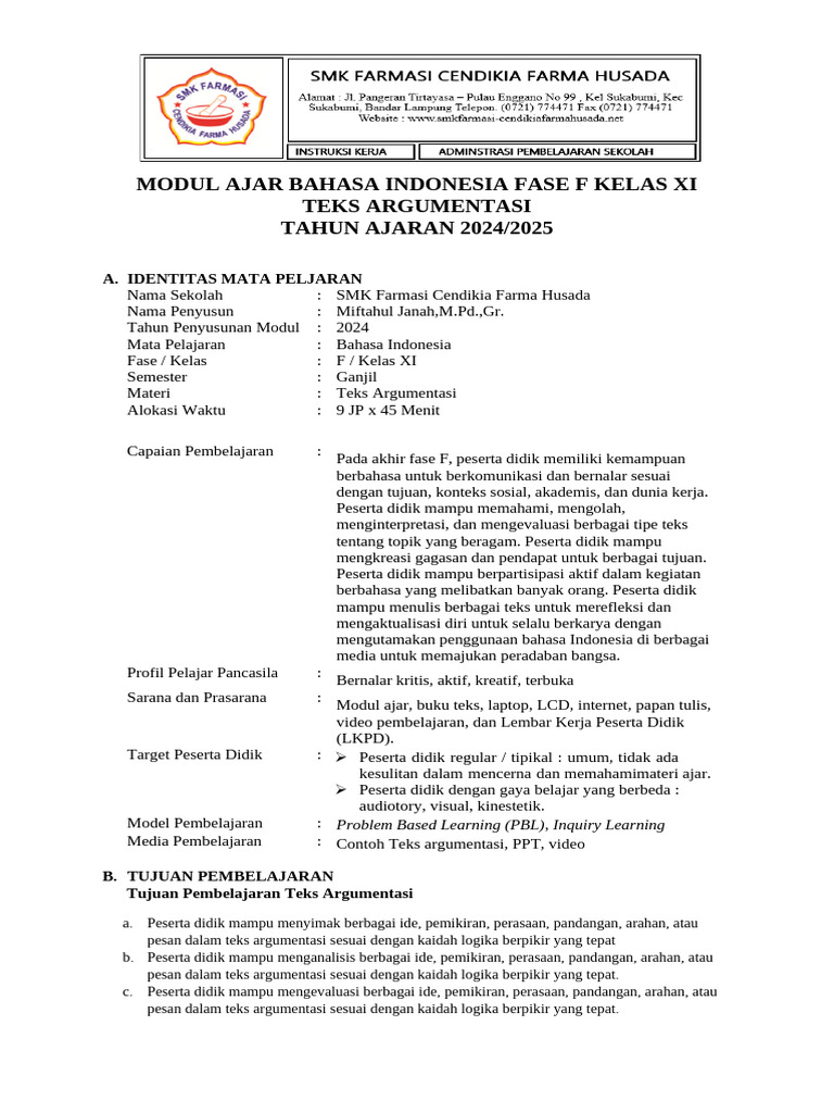 MODUL AJAR BAHASA INDONESIA FASE F KELAS XI Teks Argumentasi 1 | PDF