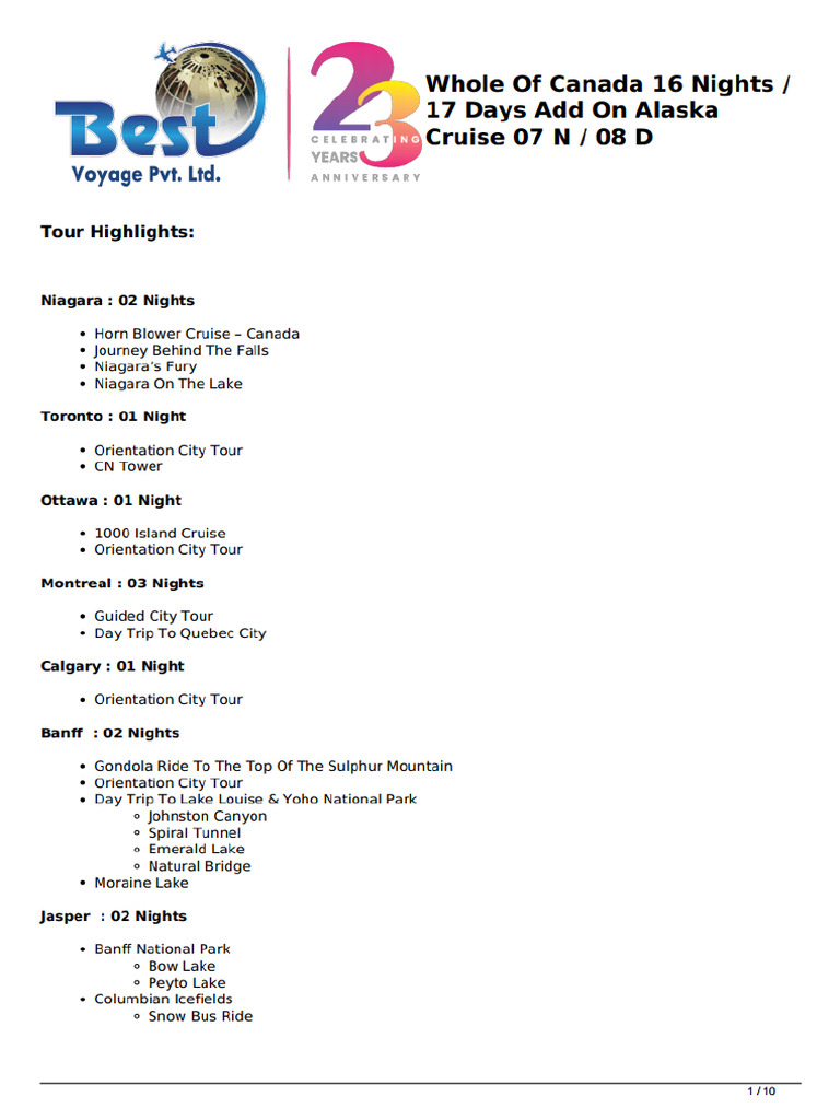 Canada Itinerary Old | PDF