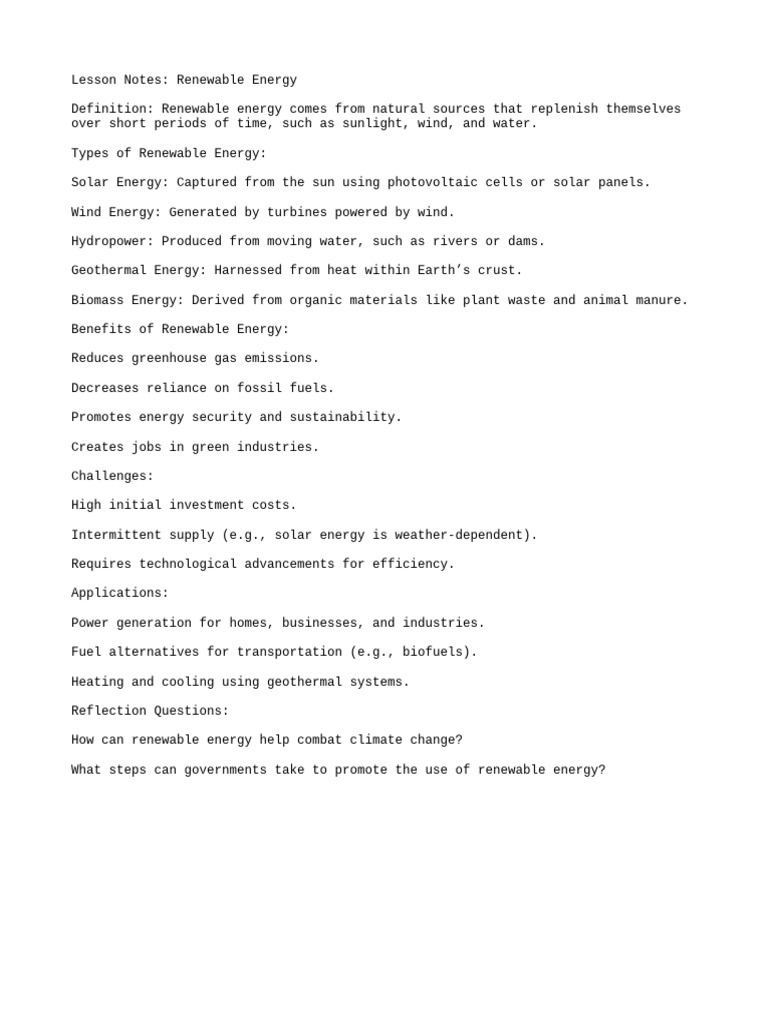 Lesson Notes Renewable Energy | PDF