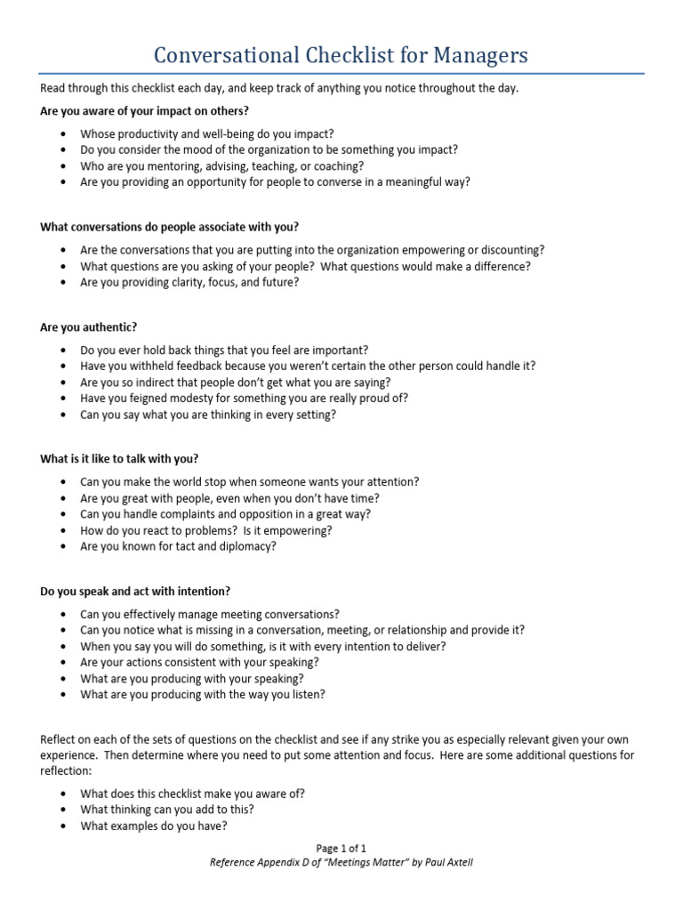 Meetings Matter Checklists | PDF | Question | Conversation