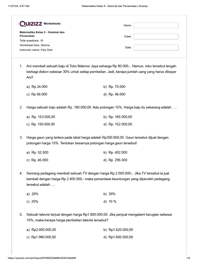 Soal Latihan Desimal Dan Persentase | PDF