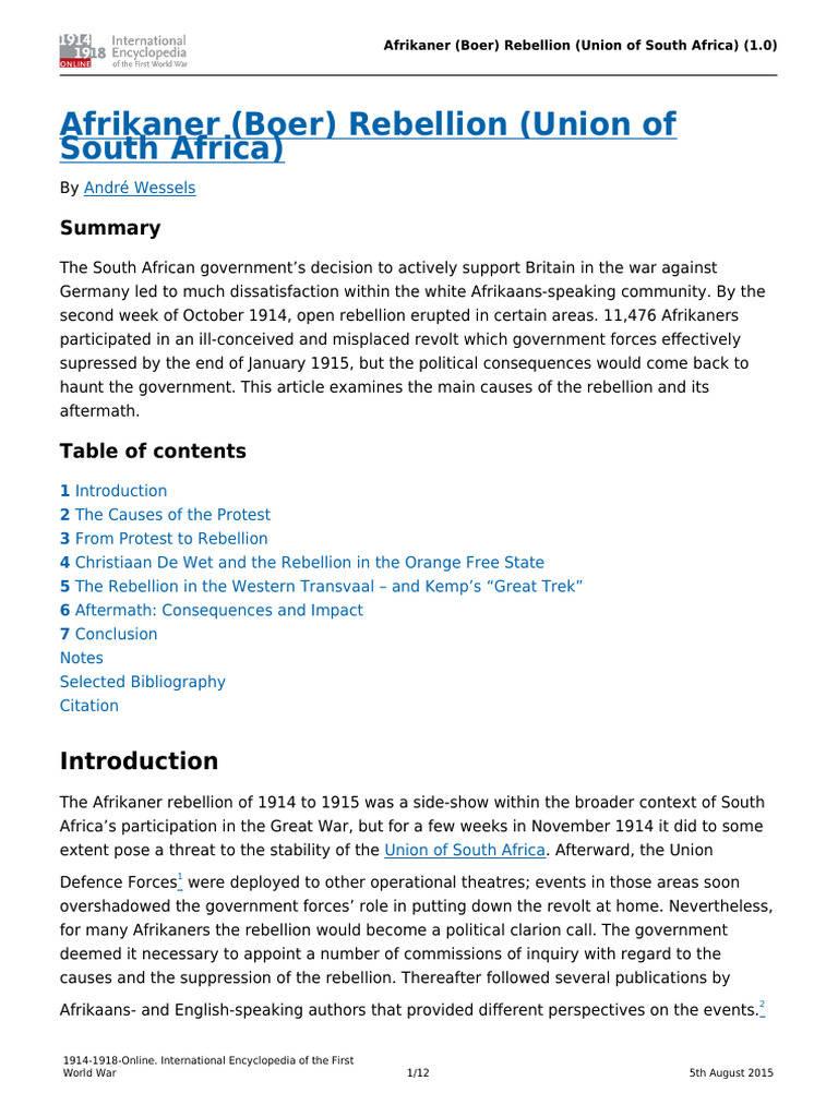 1914 1918 Online Afrikaner Boer Rebellion Union of South Africa 1.0 ...