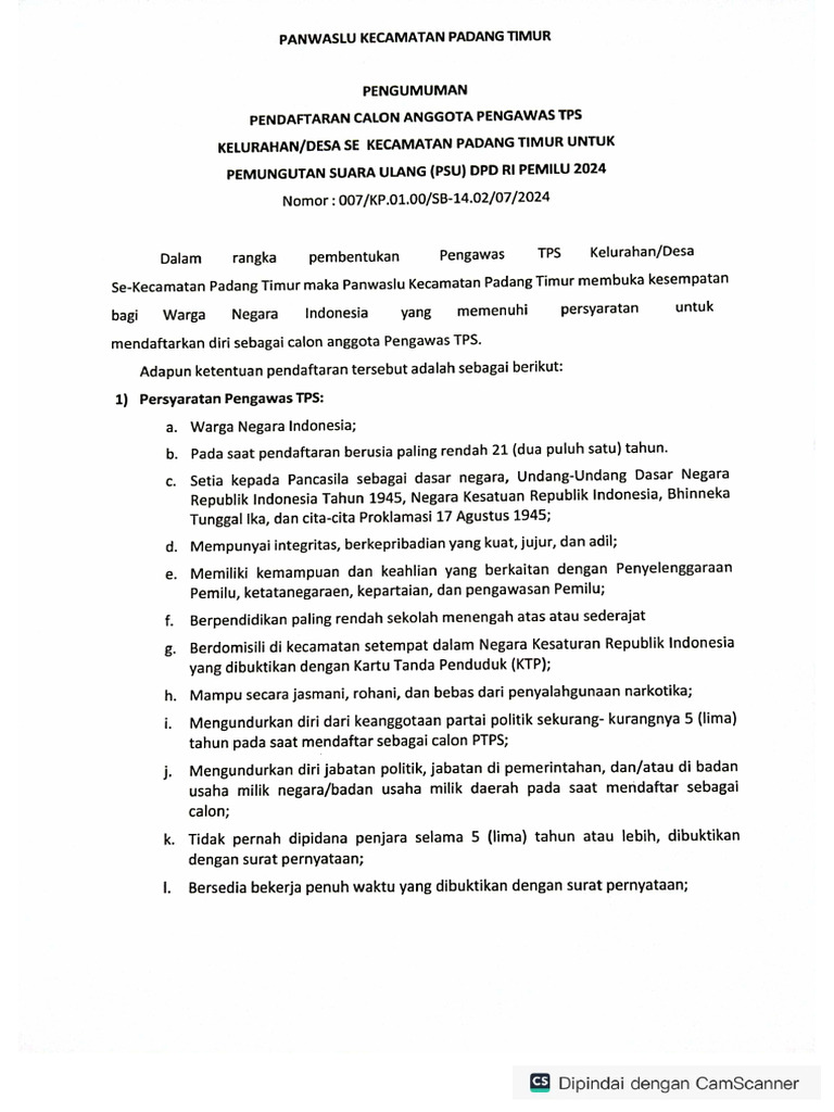 Pengumuman Pendaftaran Pengawas TPS PSU DPD RI | PDF