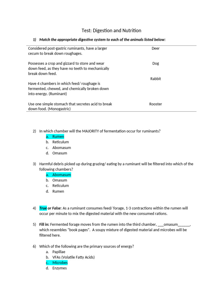 Quiz +Ruminant+Digestion | PDF | Ruminant | Digestion