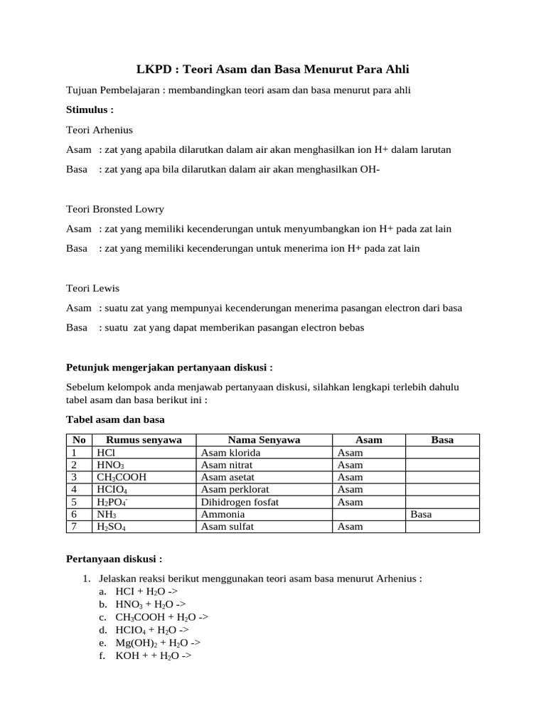 LKPD: Teori Asam Dan Basa Menurut para Ahli: Stimulus | PDF