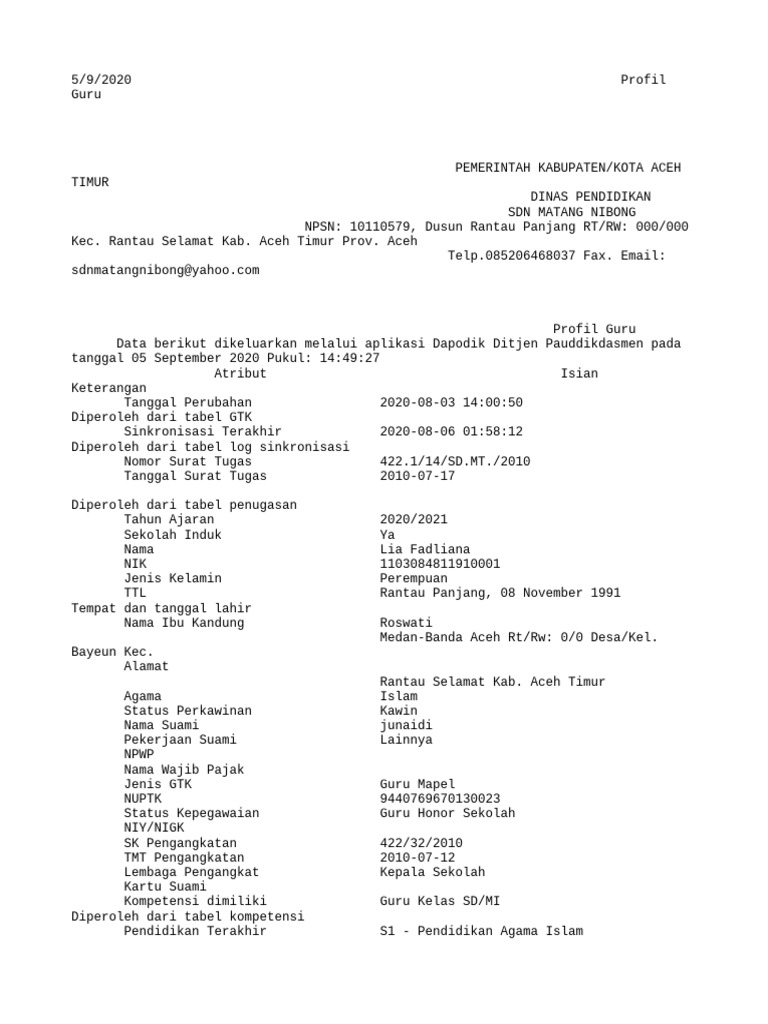 Profil Guru Lia Fadliana SDN Matang Nibong | PDF