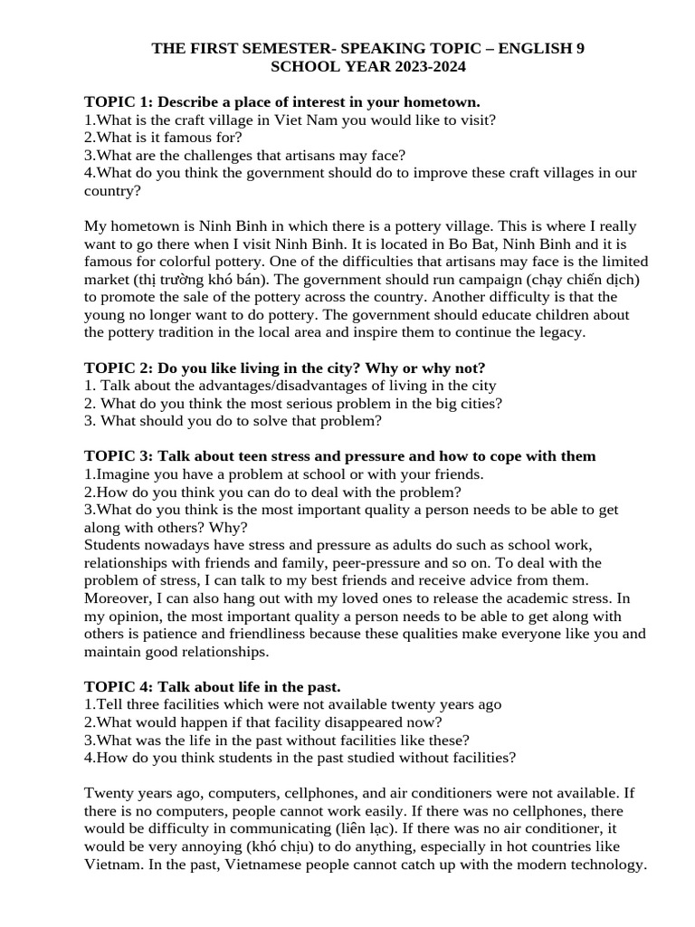 Speaking Topic - Grade 9 DT + 9tn | PDF | Hanoi