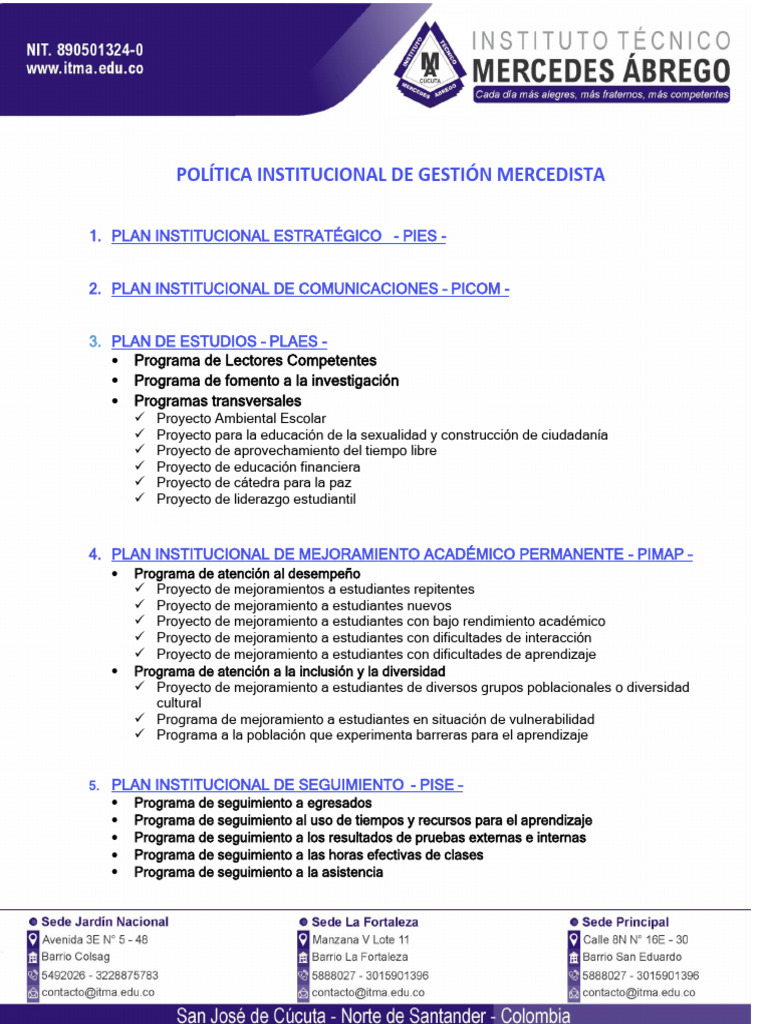 Planes Programas y Proyectos Institucionales | PDF | Aprendizaje | Modificación de comportamiento