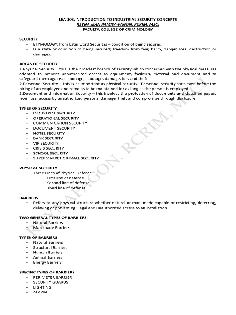 Lea 103 Introduction To Industrial Security Concepts Handouts | PDF ...