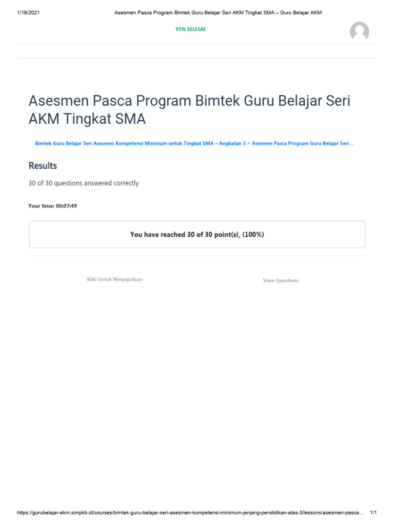 Asesmen Pasca Program Bimtek Guru Belajar Seri AKM Tingkat SMA - Guru Belajar AKM | PDF