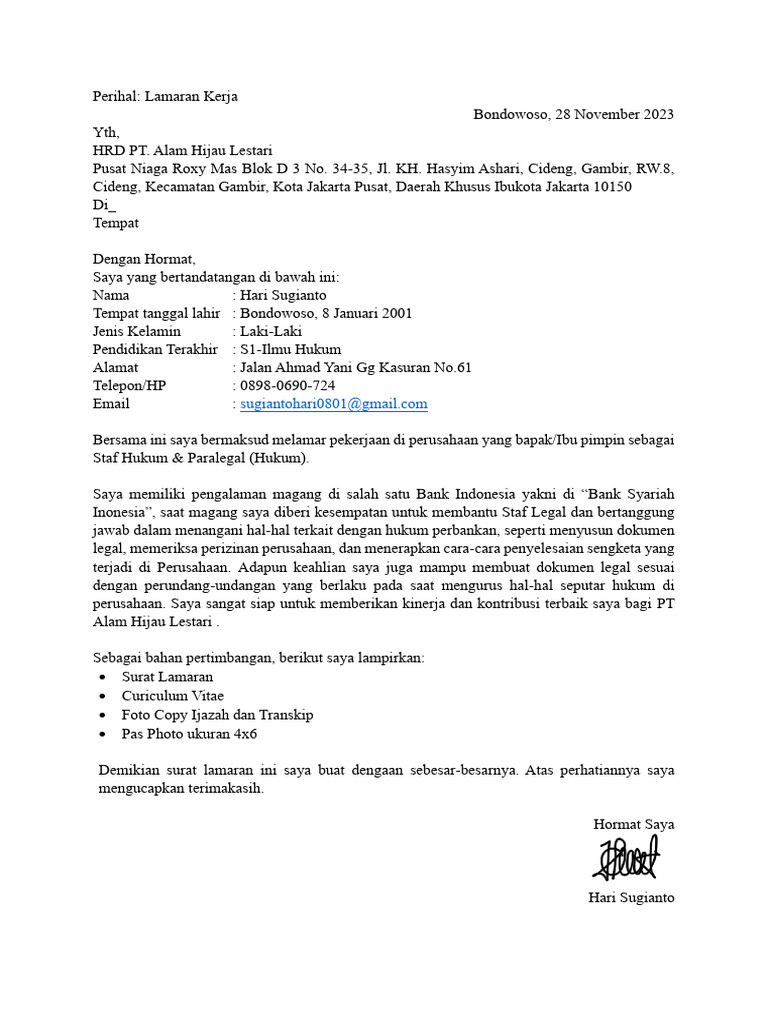 Lamaran Alam Hijau Lestari | PDF