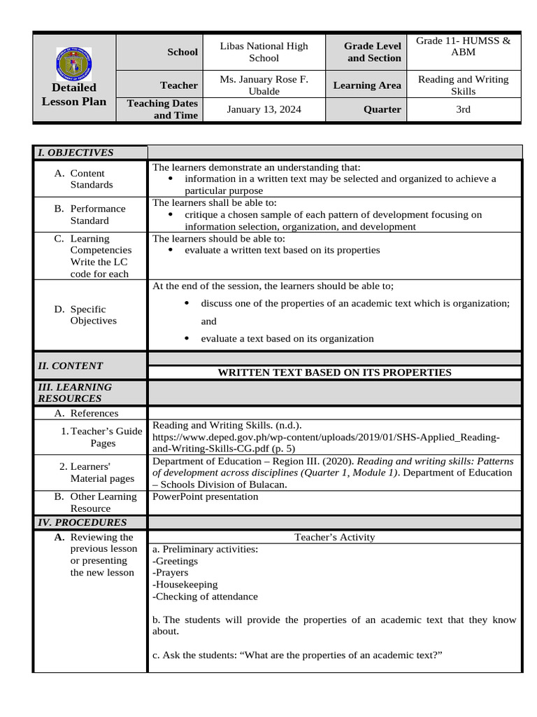 R&W DLP-Q3-W1_Lesson 1 | PDF | Teachers | Learning