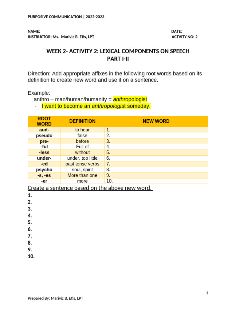 Week 3 Activity 2 Lexical Components On Speech Part I To Ii 4 | PDF ...