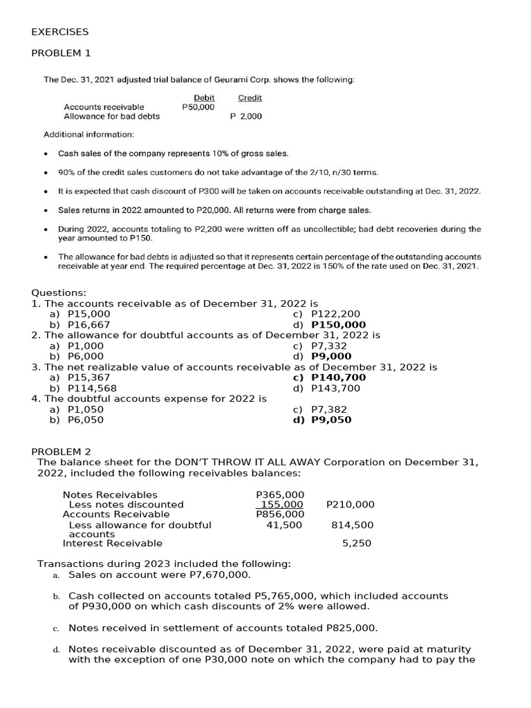 Exercises 1 AR | PDF | Bad Debt | Financial Services
