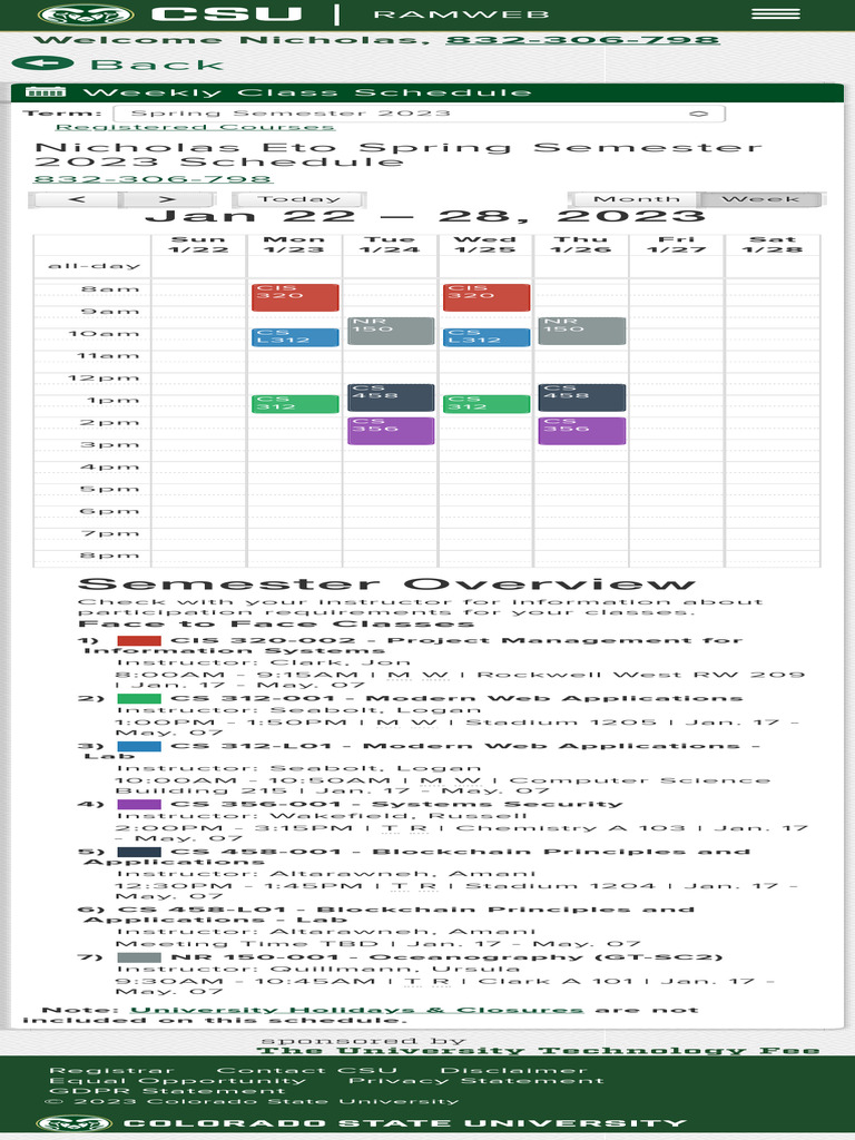 Weekly Class Schedule RAMweb Colorado State University | PDF