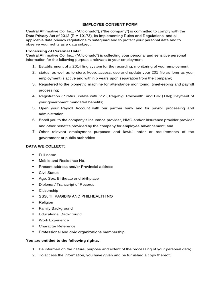 Employee Consent Form ( Artificio Rodolfo) | PDF | Privacy ...
