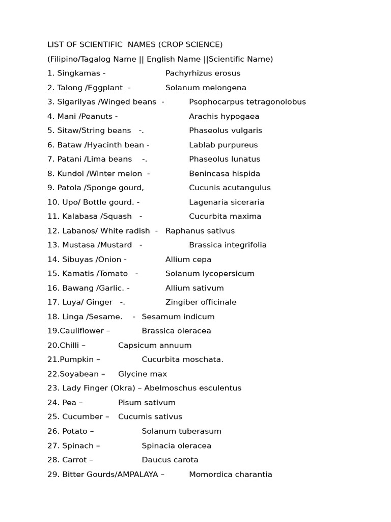 Crop Science Scientific Names List | PDF | Cucurbita | Vegetables
