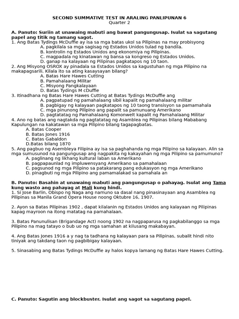 Second Summative Test in Araling Panlipunan 6 | PDF