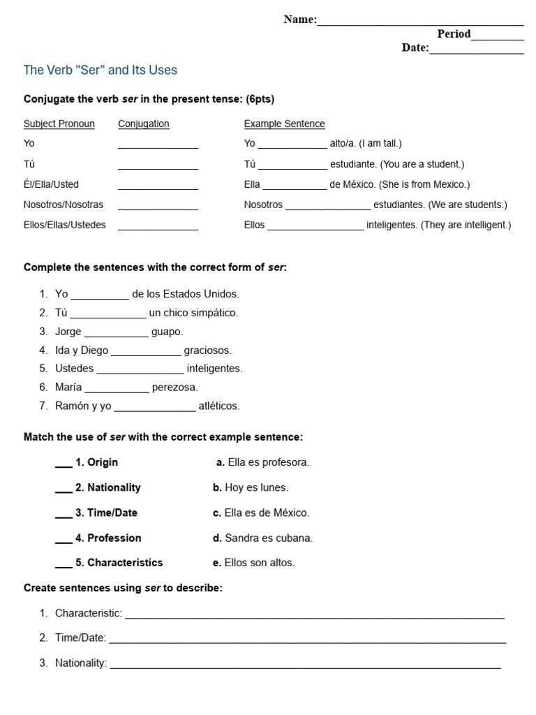 Verb SER and Uses (Worksheet) | PDF | Linguistics | Semantic Units