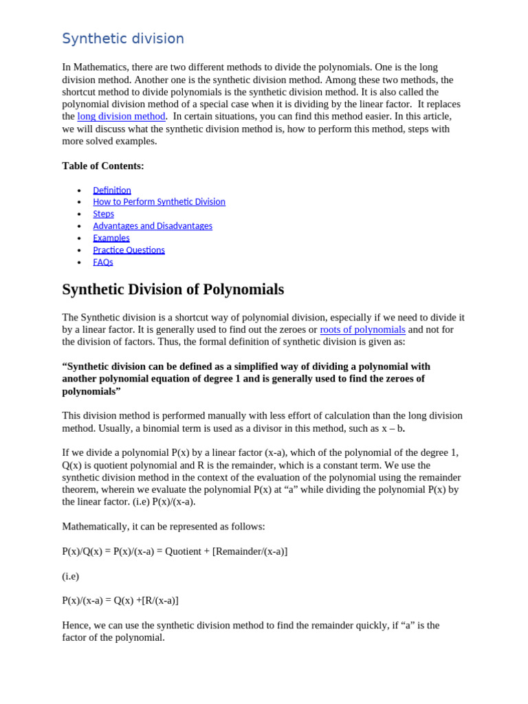 Synthetic Division of Polynomials Explained | PDF | Division ...