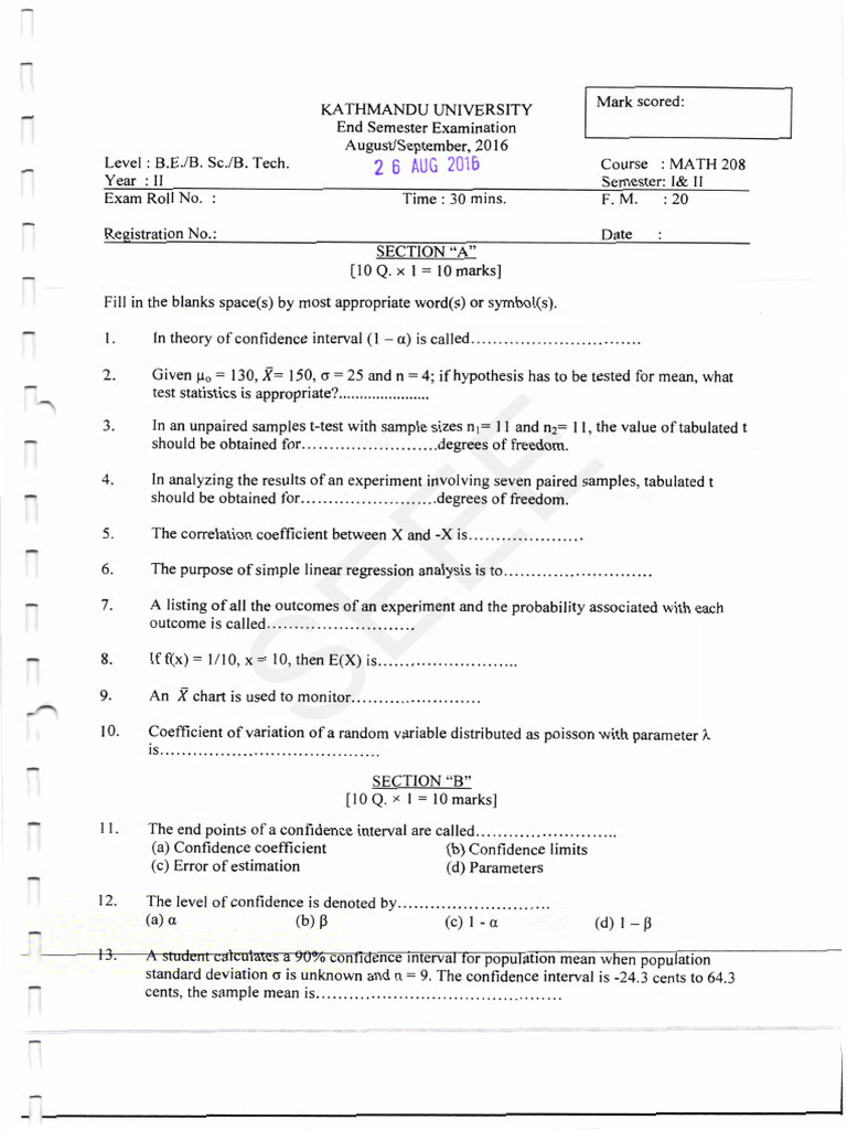 MATH 208 End Semester Exam 2016 | PDF | Errors And Residuals | Student ...