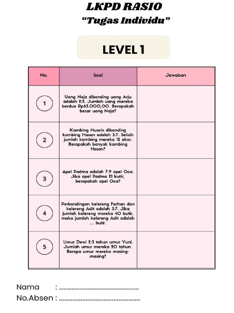 LKPD Matematika Rasio Level 1-3 | PDF