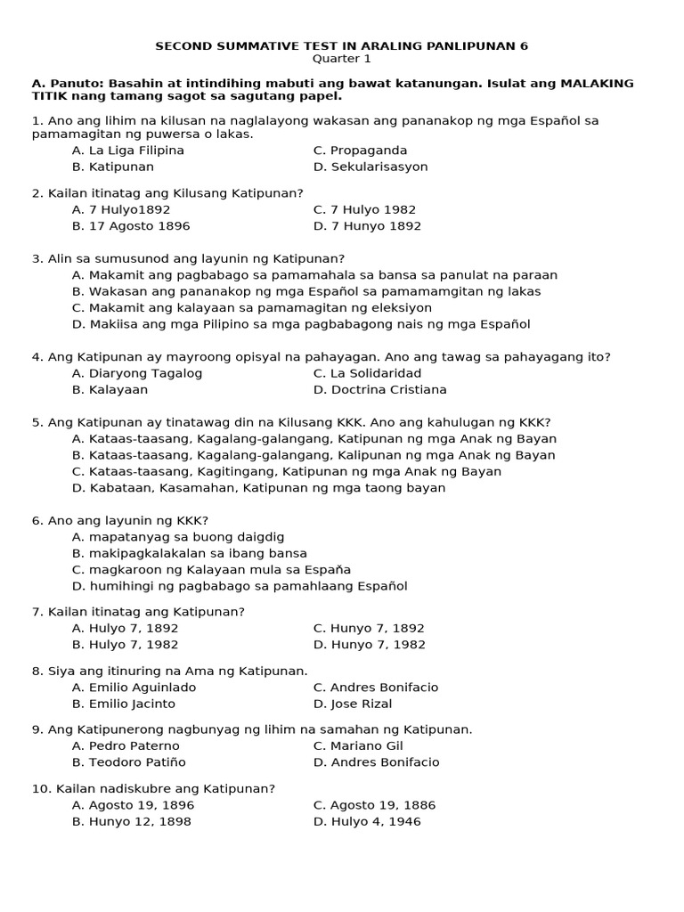 Second Summative Test in Araling Panlipunan 6 | PDF