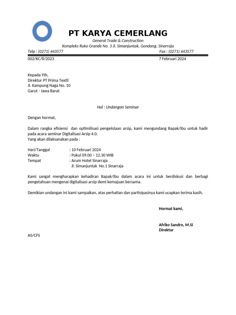 Surat PT KARYA CEMERLANG | PDF